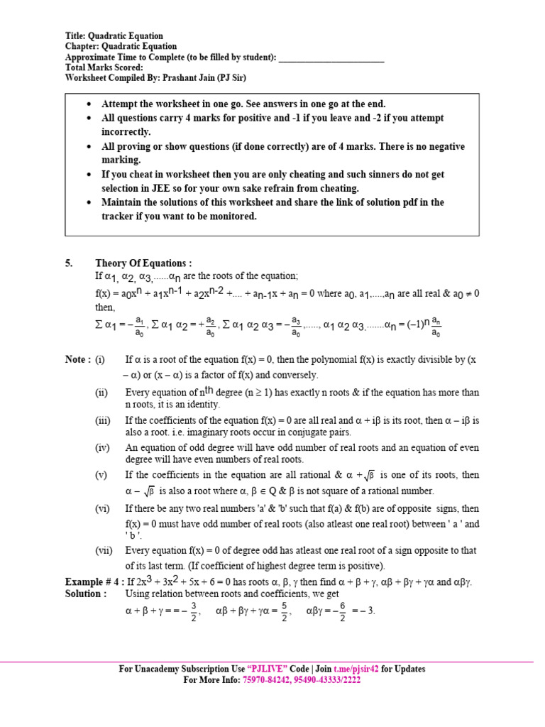 Worksheet 2TheoryofEquation | PDF | Zero Of A Function | Equations