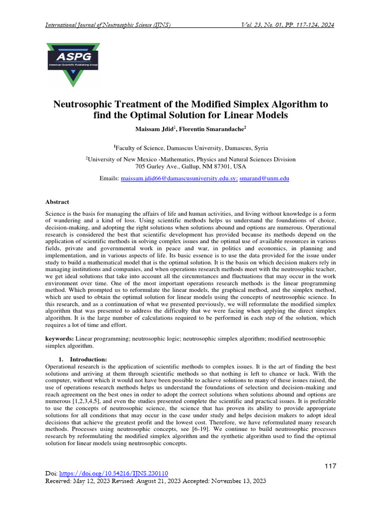 Neutrosophic Treatment of The Modified Simplex Algorithm To Find The Optimal Solution For Linear ...