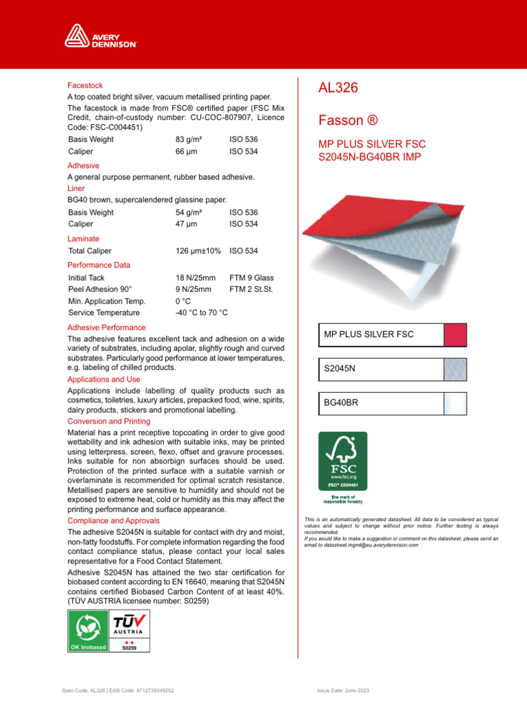 Al326 MP Plus Silver FSC s2045n-Bg40br Imp - en | PDF | Adhesive | Paper