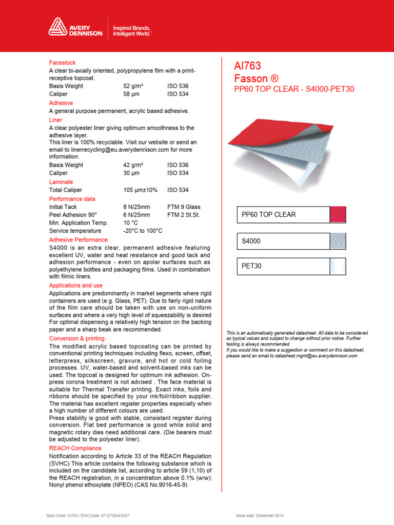 Ai763 Pp60 Top Clear S4000-Pet30 | PDF | Adhesive | Materials