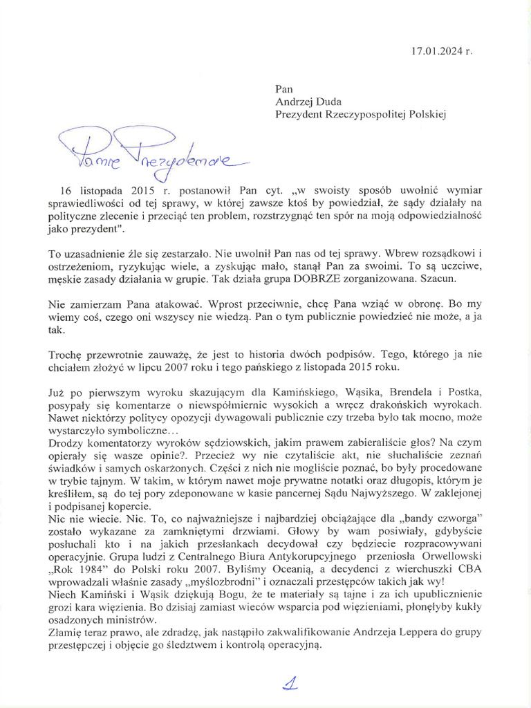 List Piotra Ryby Do Andrzeja Dudy | PDF