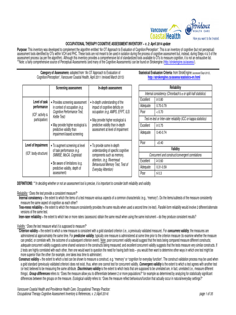 Occupational Therapy Cognitive Assessment Tools | PDF | Validity ...