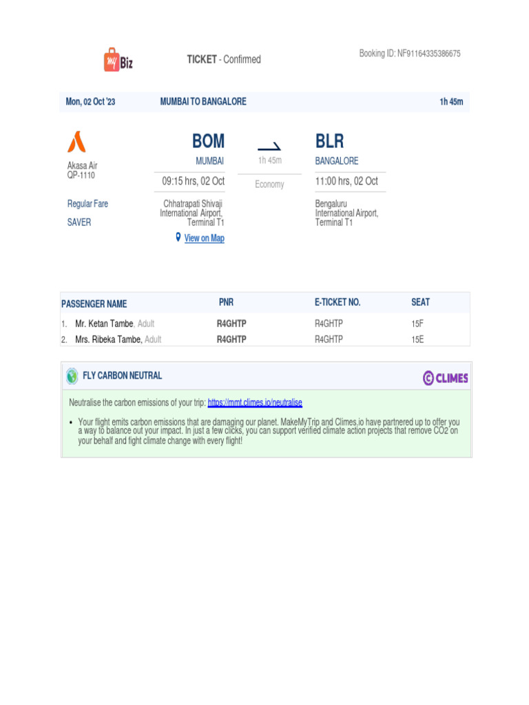 BOM-BLR_flight ticket | PDF | Airport | Identity Document
