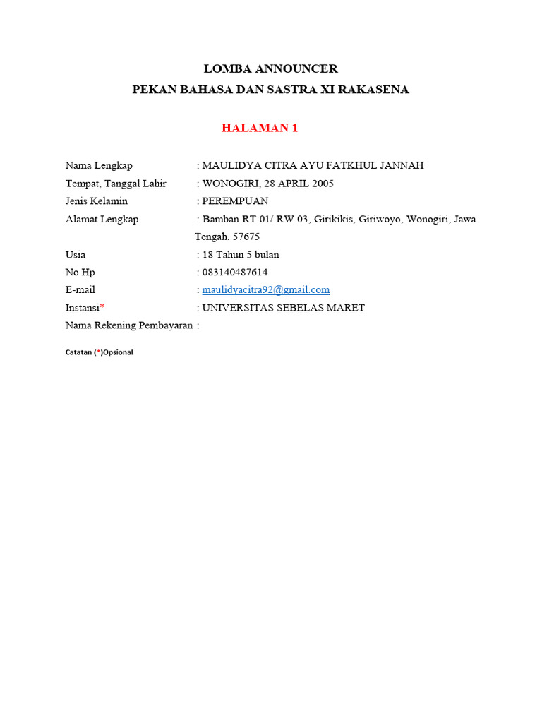 Biodata Diri Lomba Announcer | PDF