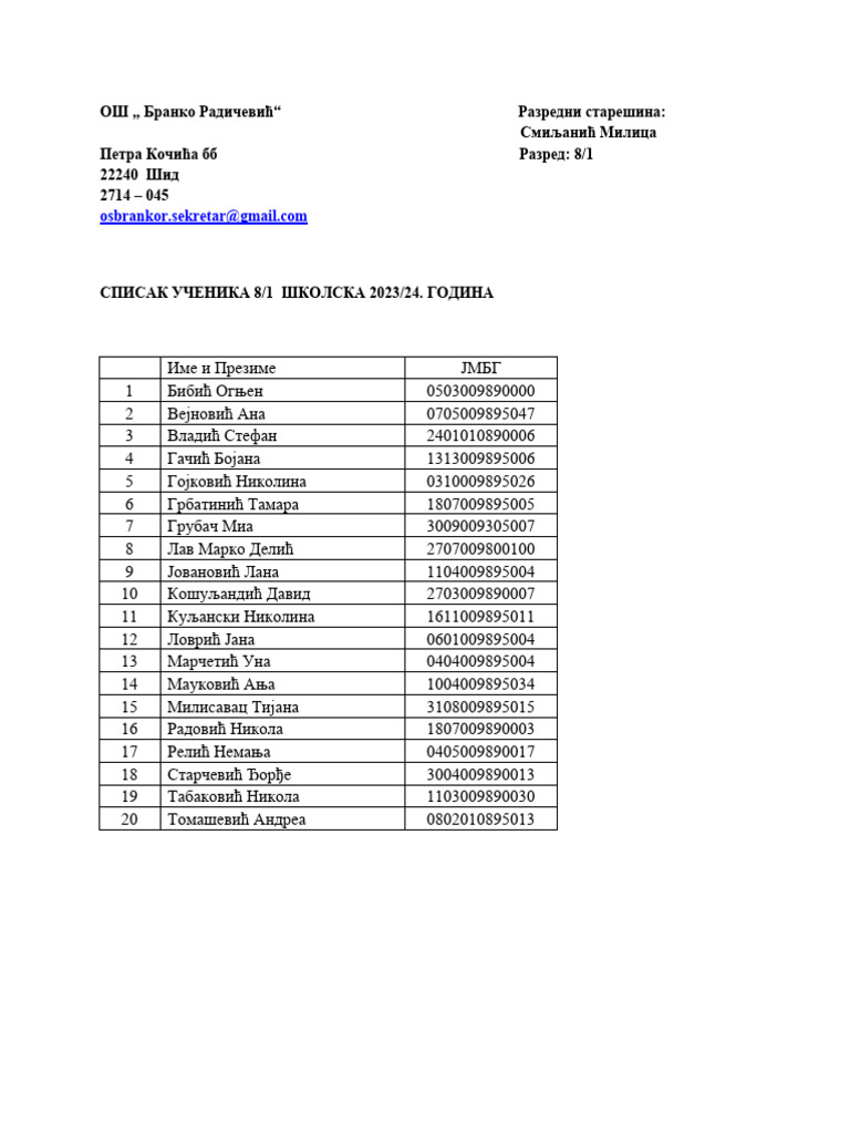 Tabele Učenika JMBG | PDF