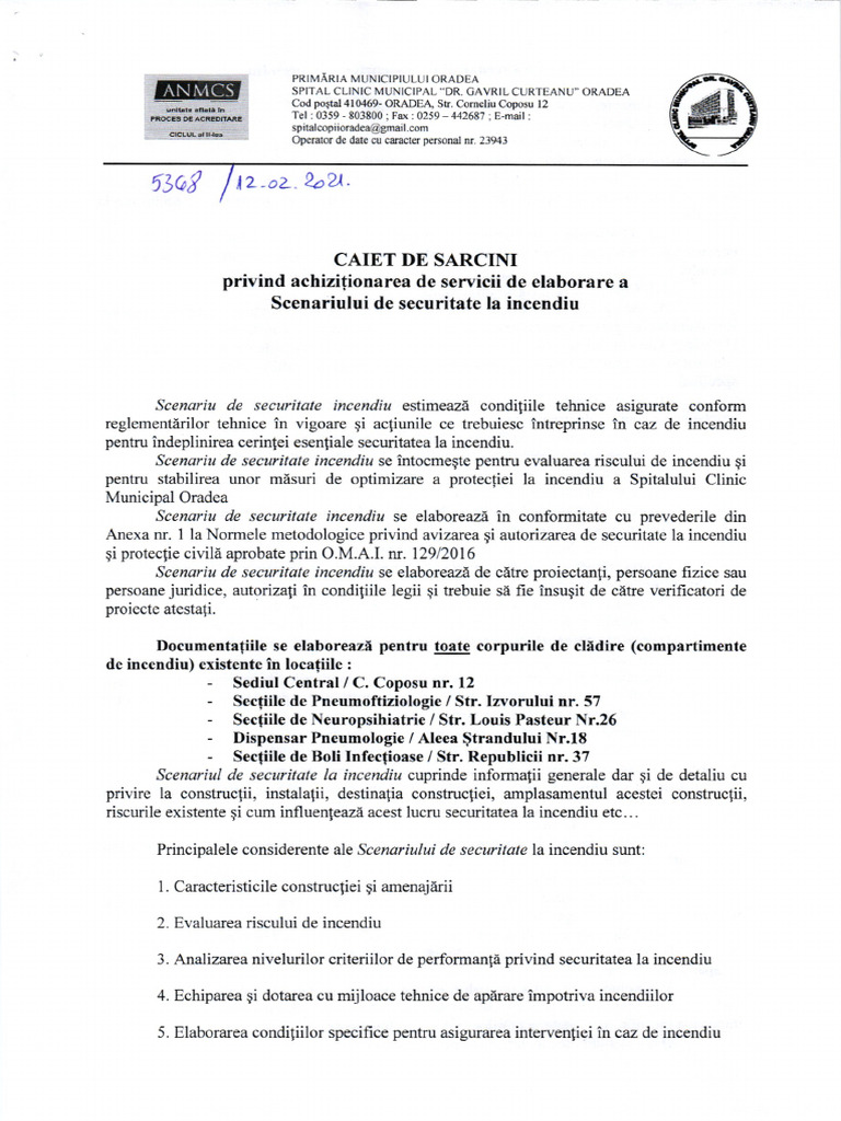 Caiet de Sarcini Elaborare Scenariu Securitate La Incendiu | PDF