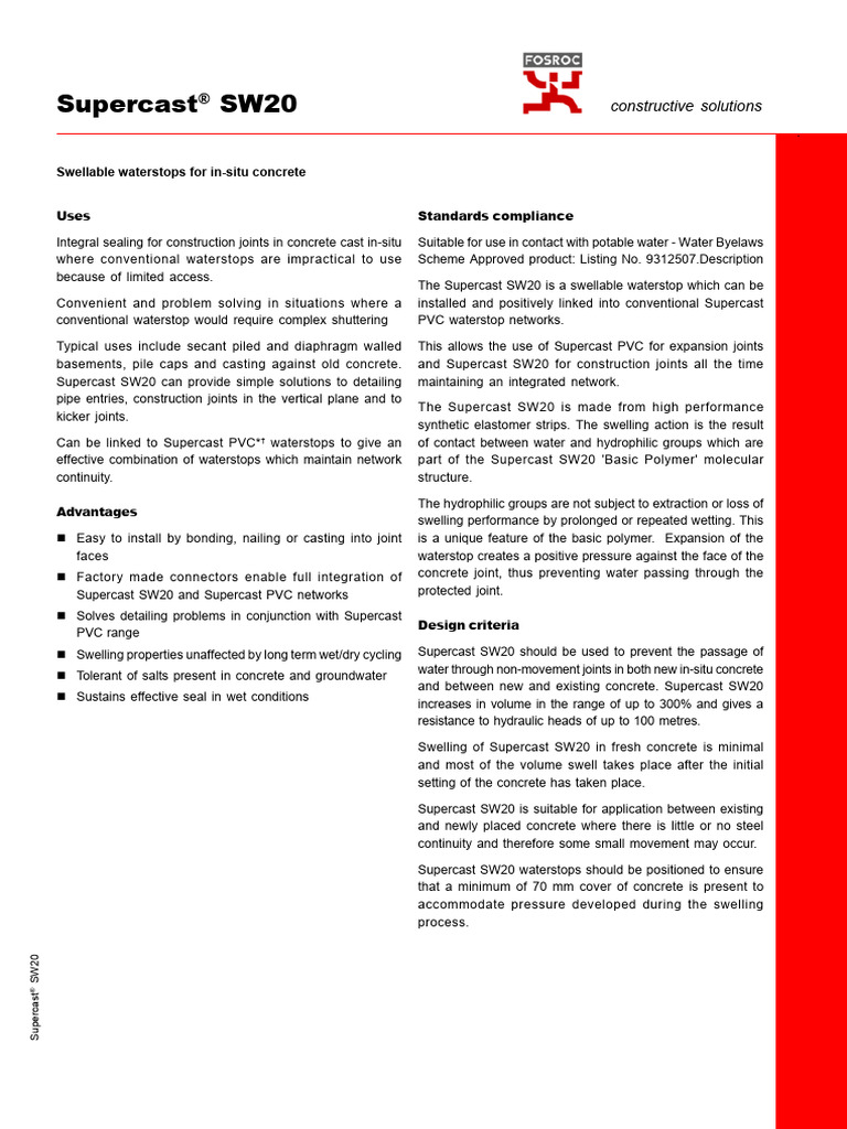 Swell Bar Fosroc Super Cast | PDF | Concrete | Water