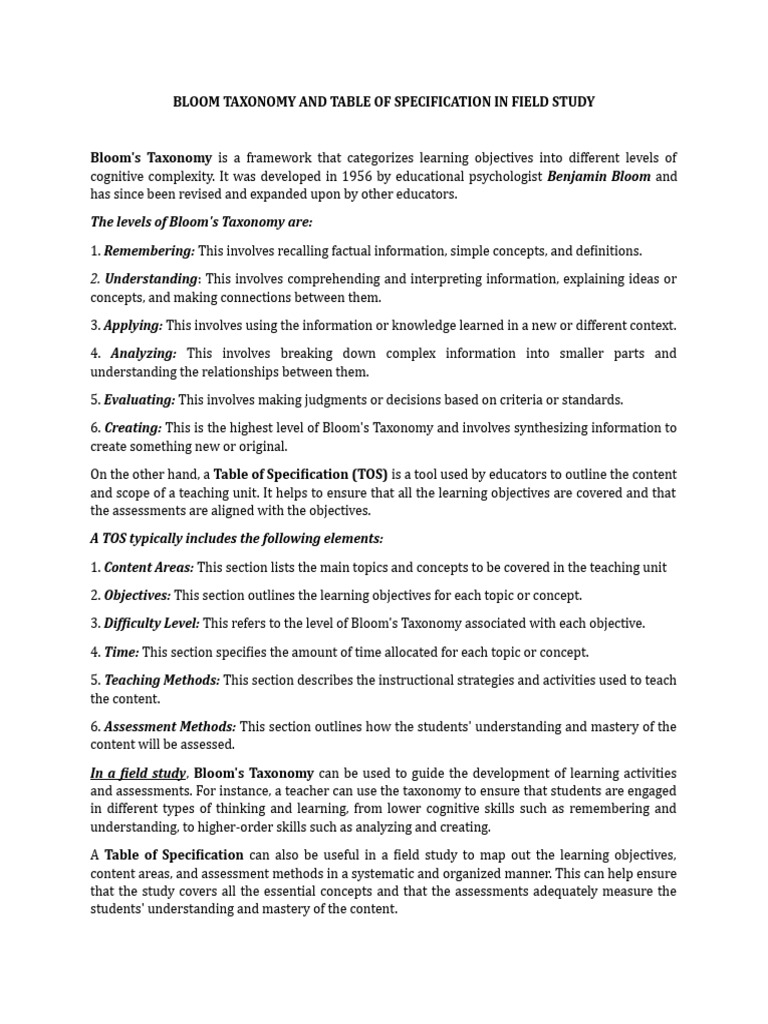 Bloom's Taxonomy & TOS in Education | PDF | Educational Psychology ...