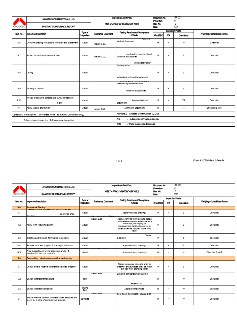 Arabtec Precast Boundary Wall ITP | PDF | Concrete | Materials