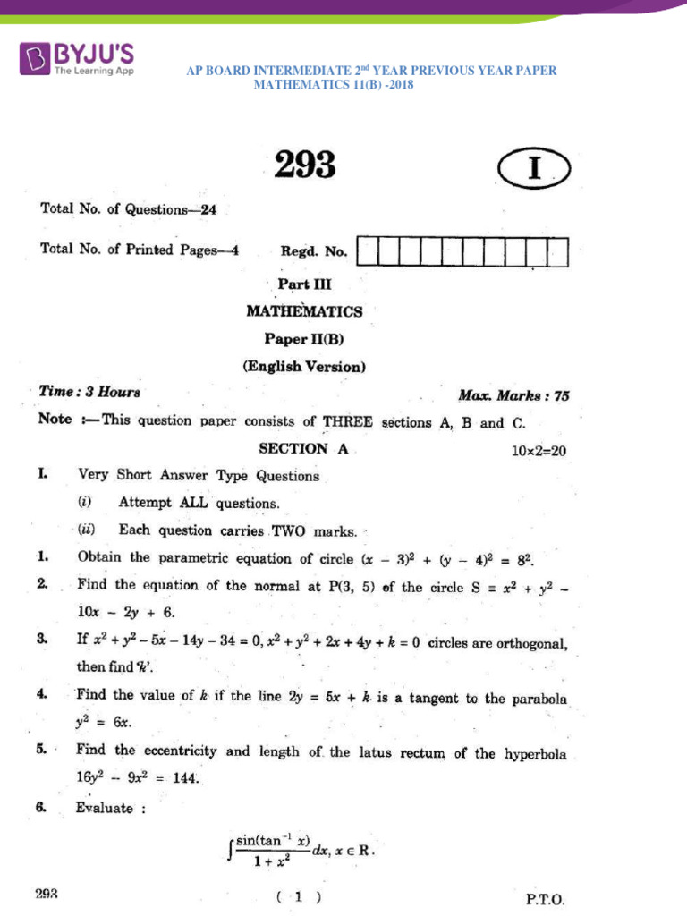AP Board Intermediate 2nd Year Mathematics IIB Previous Year Paper 2018 | PDF