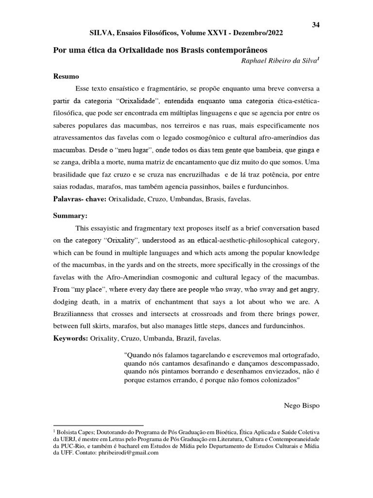 Raphael Ribeiro Da Silva - Por Uma Ética Da Orixalidade Nos Brasis Contemporâneos | PDF | Brasil
