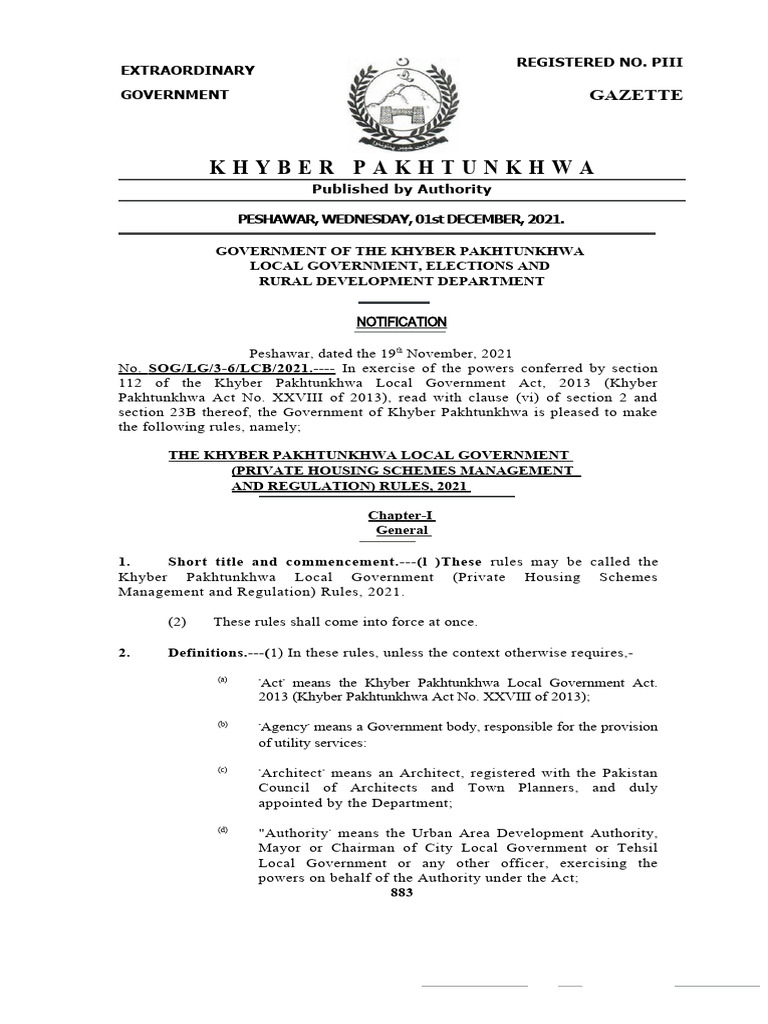 The Khyber Pakhtunkhwa Local Government Private Housing Schemes Management and Regulations Rules ...