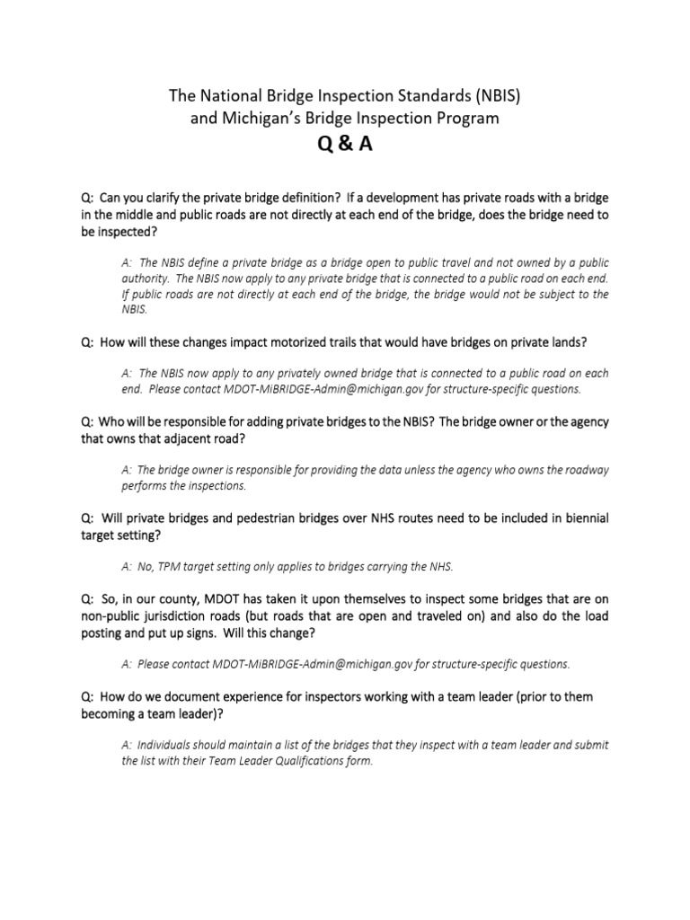 NBIS and Michigan Bridge Inspection FAQs | PDF | Underwater Diving | Road