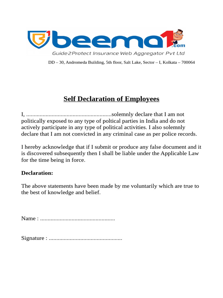 Self Declaration of Employee | PDF