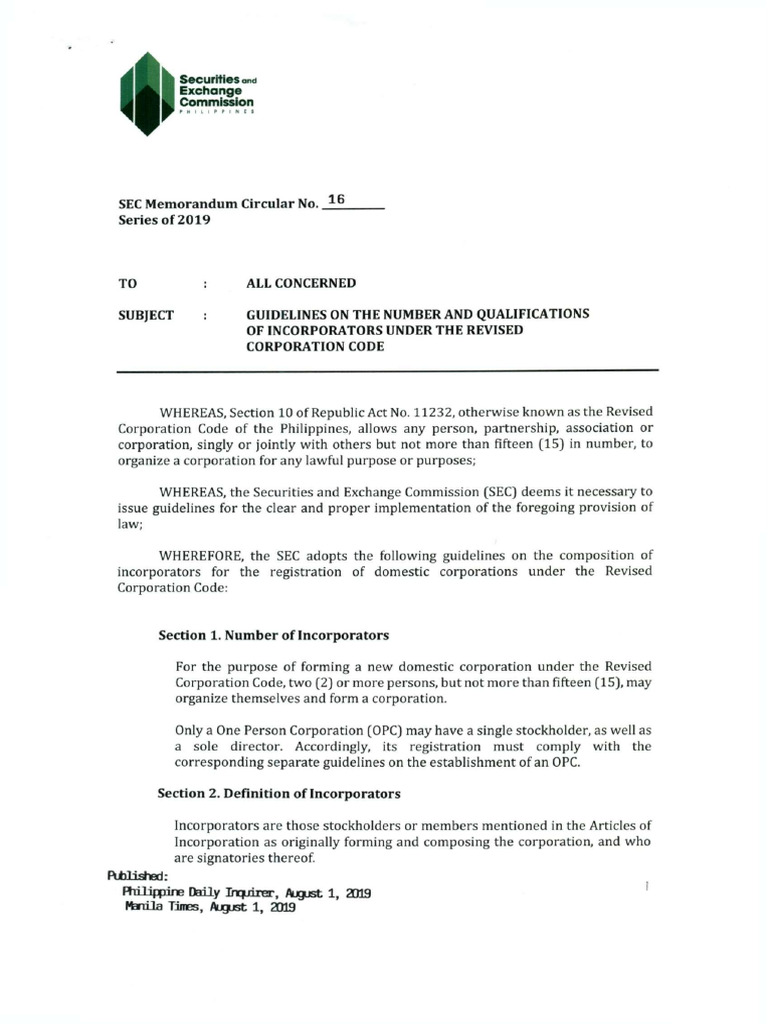 C 13 SEC MC No 16-2019 | PDF