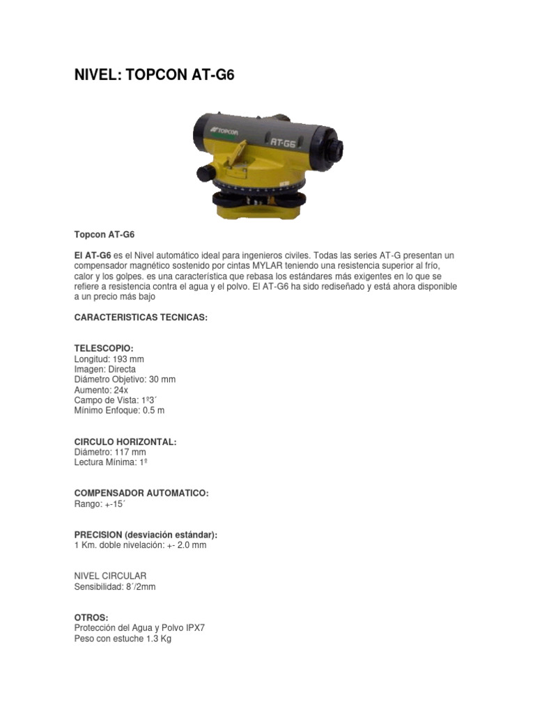 Ficha Tecnica Nivel Topcpn At-G6 Serial B43448 | PDF