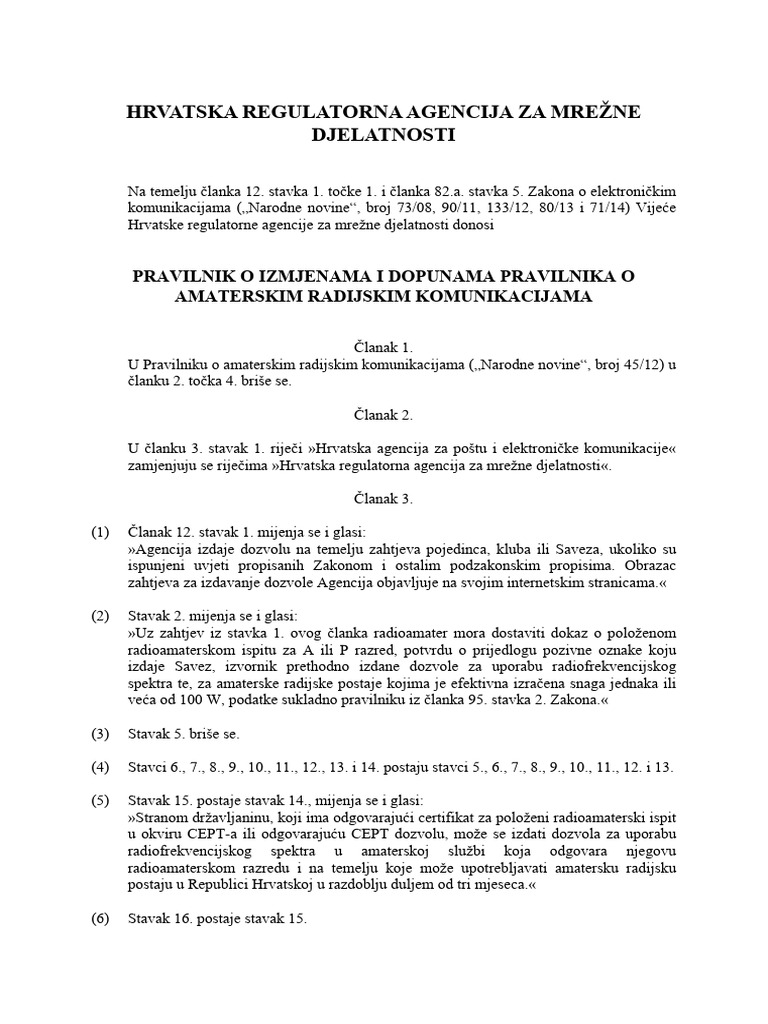 Pravilnik o Izmjenama I Dopunama Pravilnika o Amaterskim Radijskim ...
