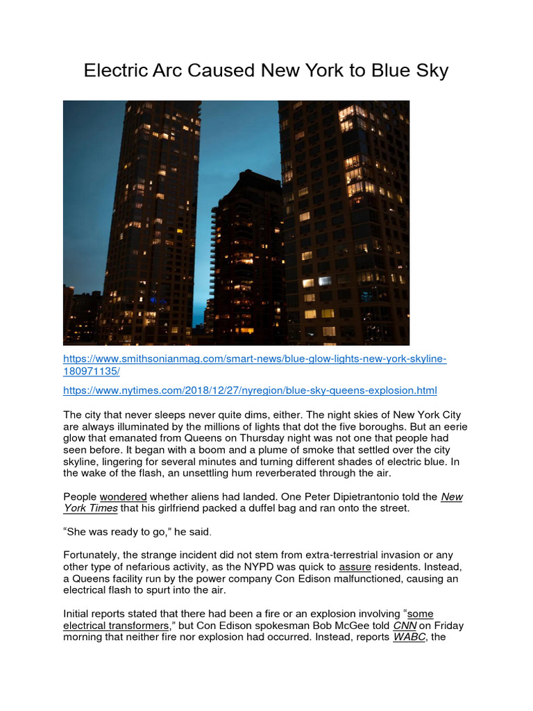 Electric Arc Caused New York To Blue Sky | PDF | Electric Arc | Lightning