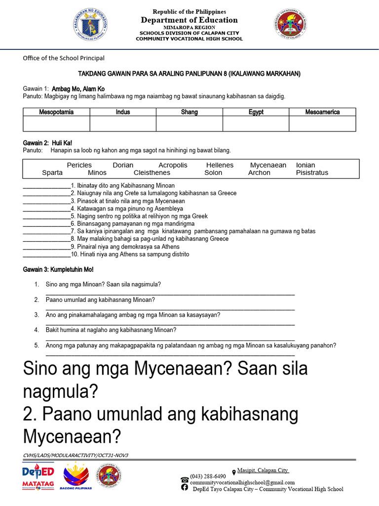 Takdang Gawain para Sa Araling Panlipunan 8 | PDF