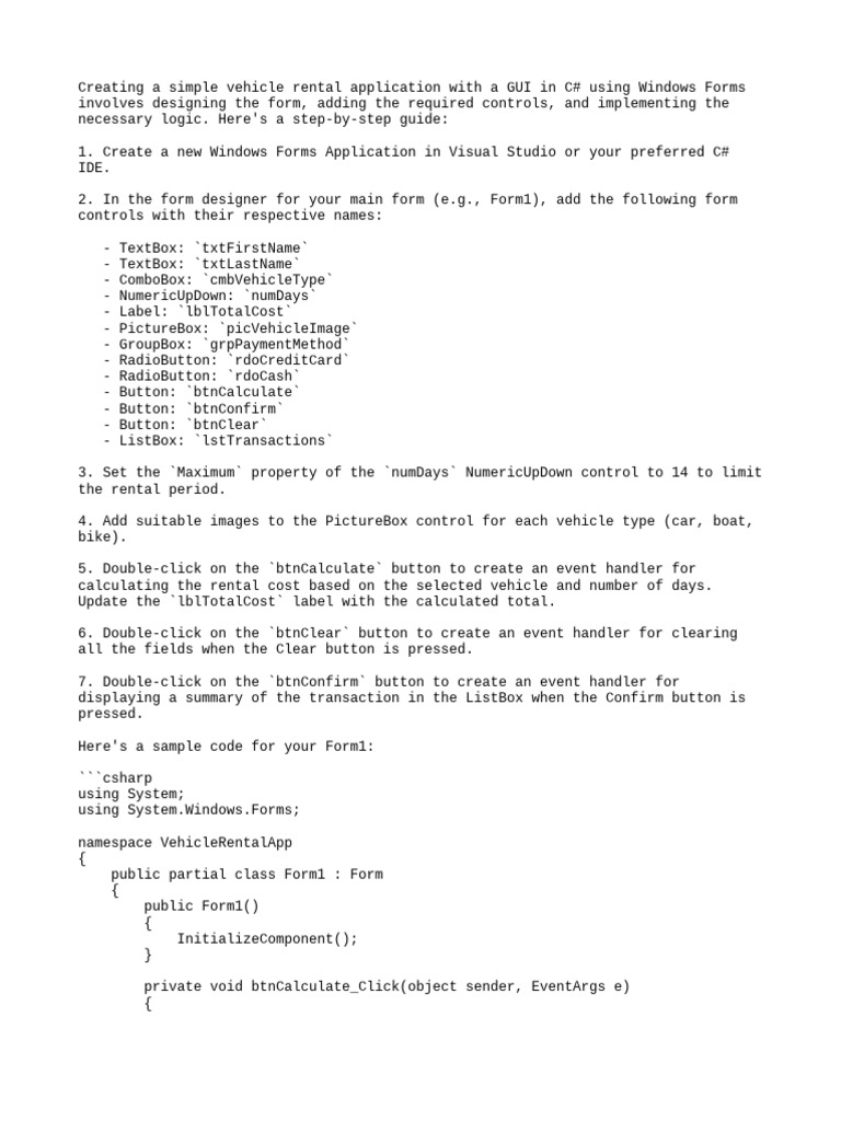 Creating A Simple Vehicle Rental Ap | PDF | C Sharp (Programming ...