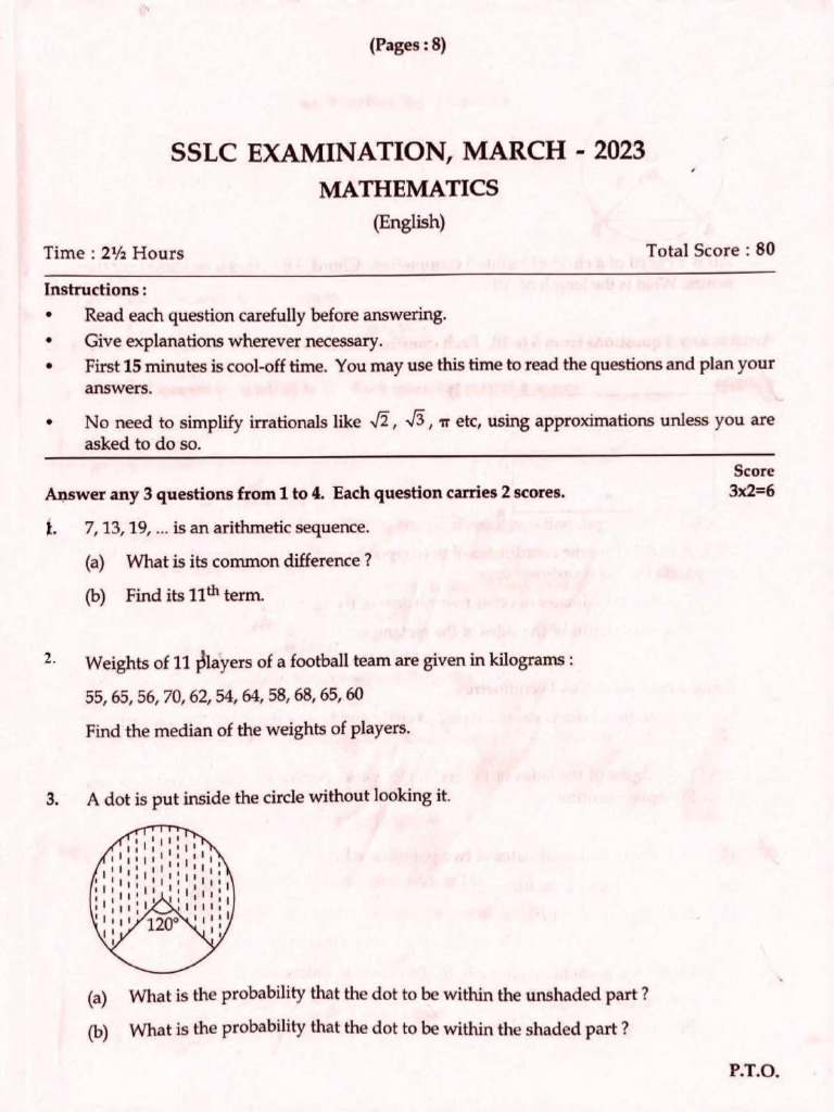 Kerala SSLC Final Exam 2023 Maths Question Paper EM | PDF