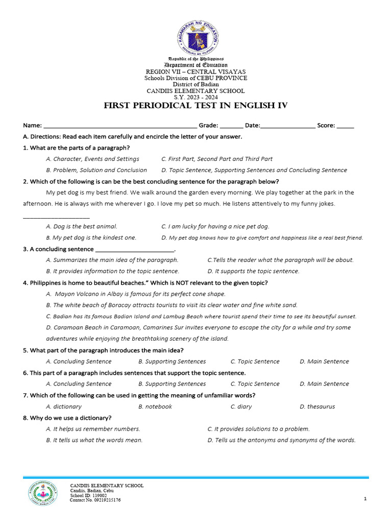 Grade 4 First Periodical Test in English | PDF | Waste