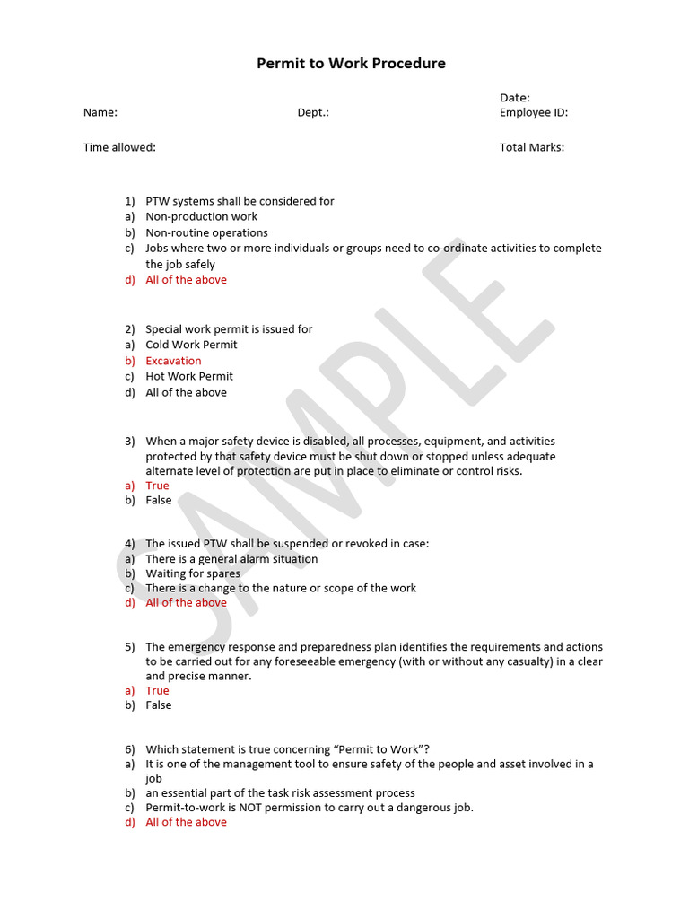 Permit To Work - Post Training Evaluation Test01 | PDF | Safety | Emergency