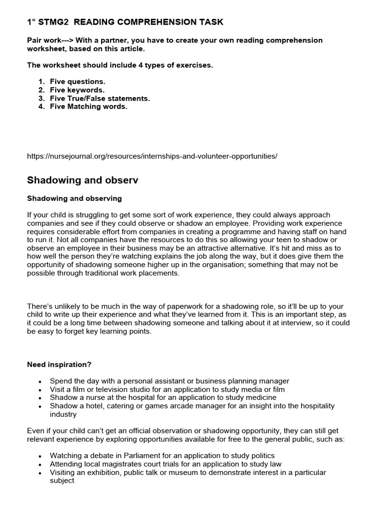 1° STMG2 READING COMPREHENSION TASK Teen Work Experience Shadowing and Observing | PDF | Reading ...