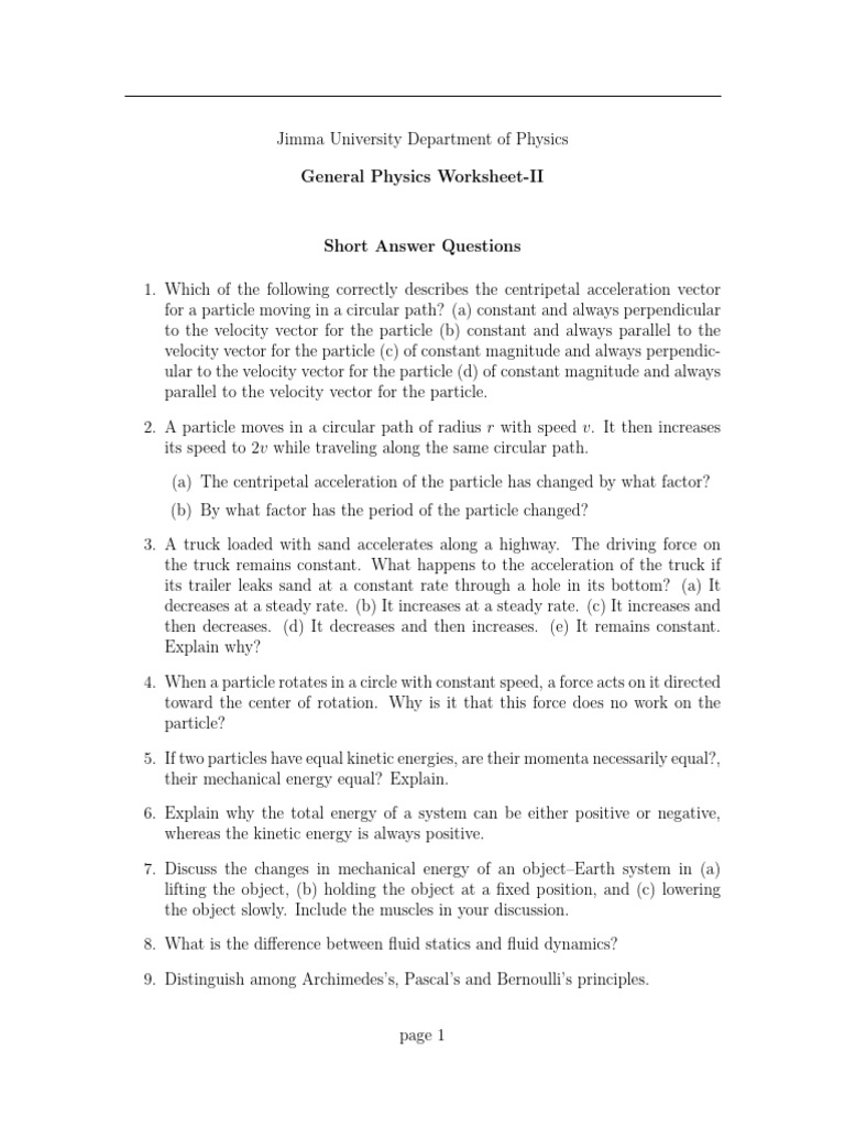 General Physics Worksheet II: Short Answers | PDF | Buoyancy | Acceleration