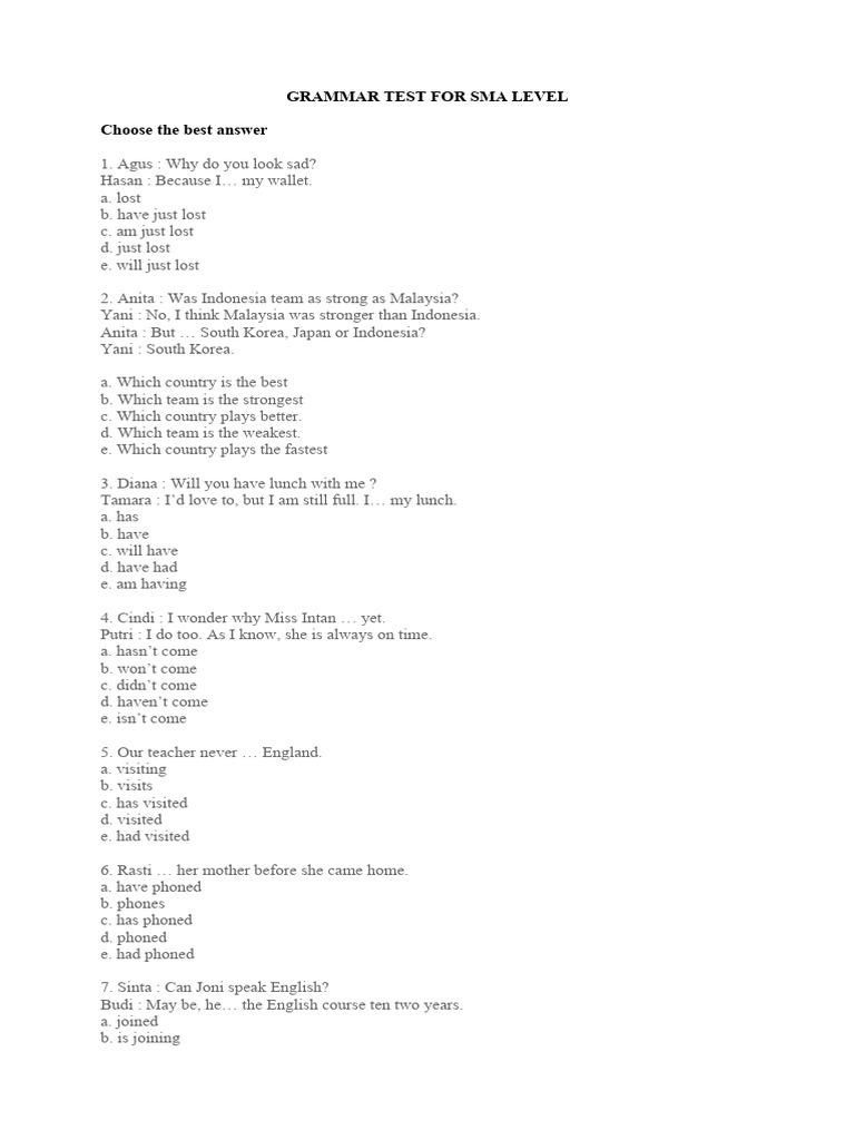 Grammar Test For Sma Level | PDF