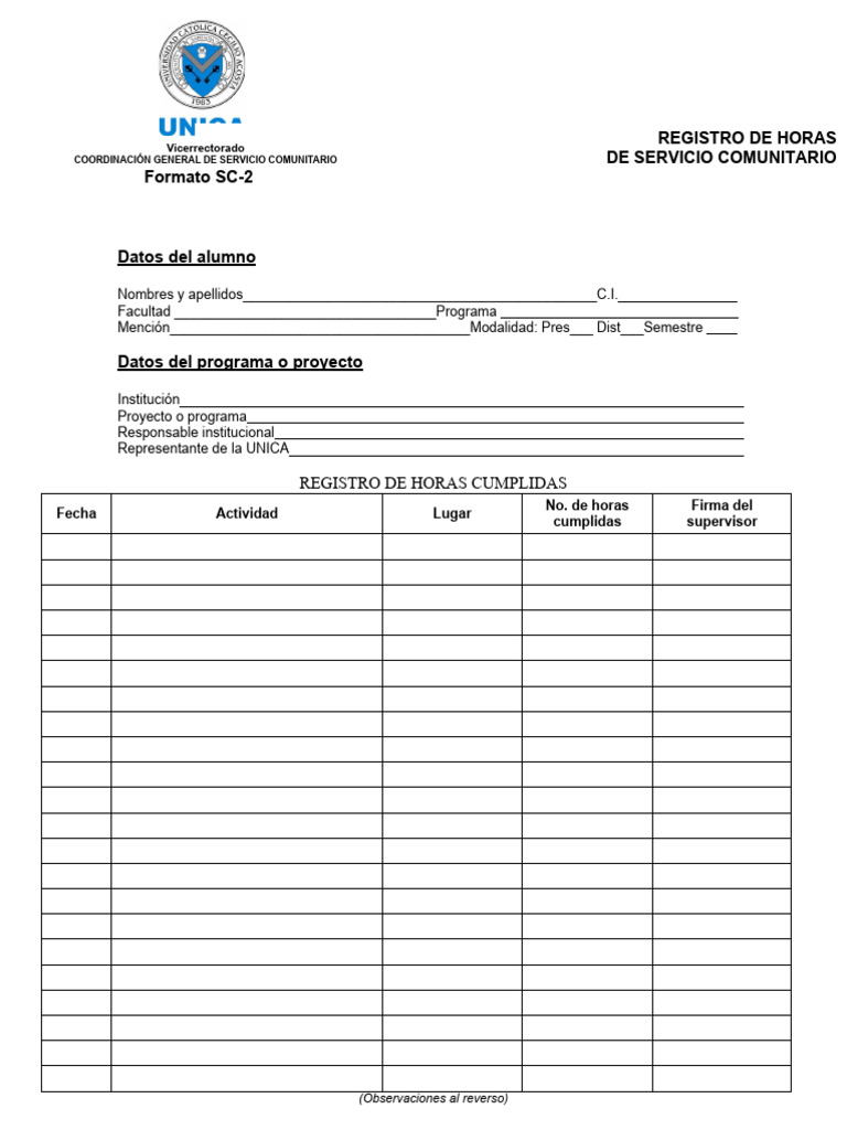 Formato SC-2 Registro y Control de Horas | PDF