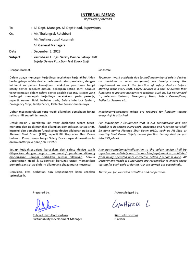 Memo Inspeksi Safety Device - Rev20231205 - Signed PLH 20231205 | PDF ...