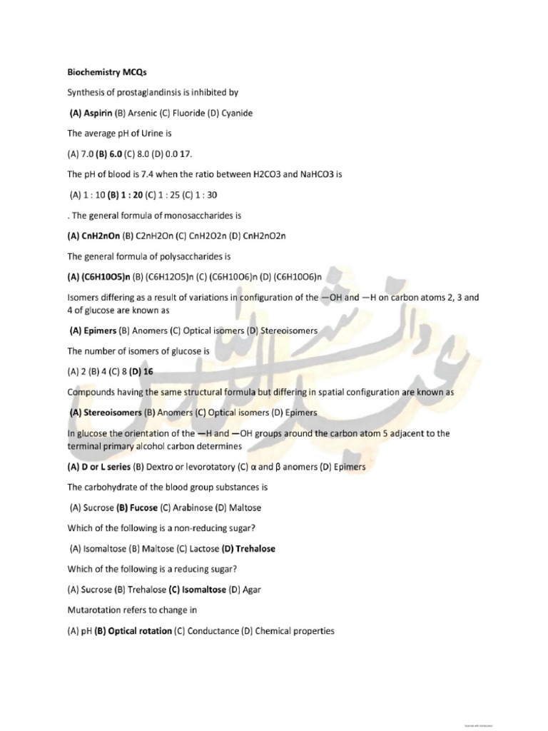 Biochemistry 1st Semester BSN Mcqs | PDF