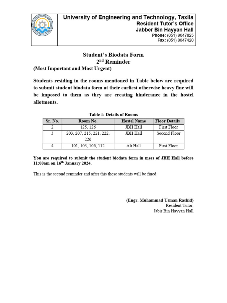 2nd Reminder Student Biodata Form Notice | PDF