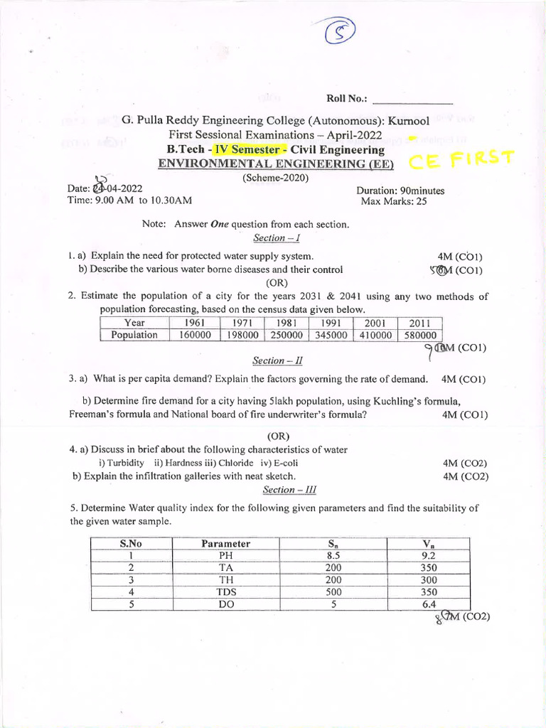 CE IV Sem-First Sessional Aprial 2022 | PDF