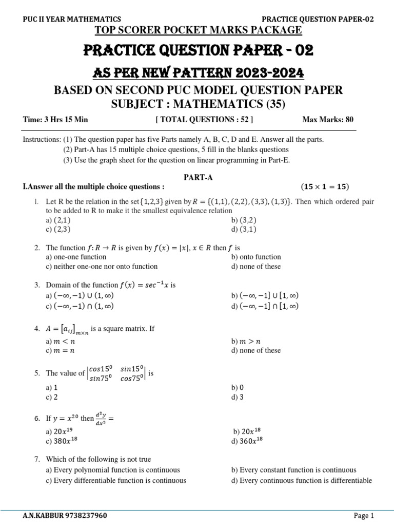 Pqp 02 Puc II Maths 2024 | PDF | Derivative | Equations
