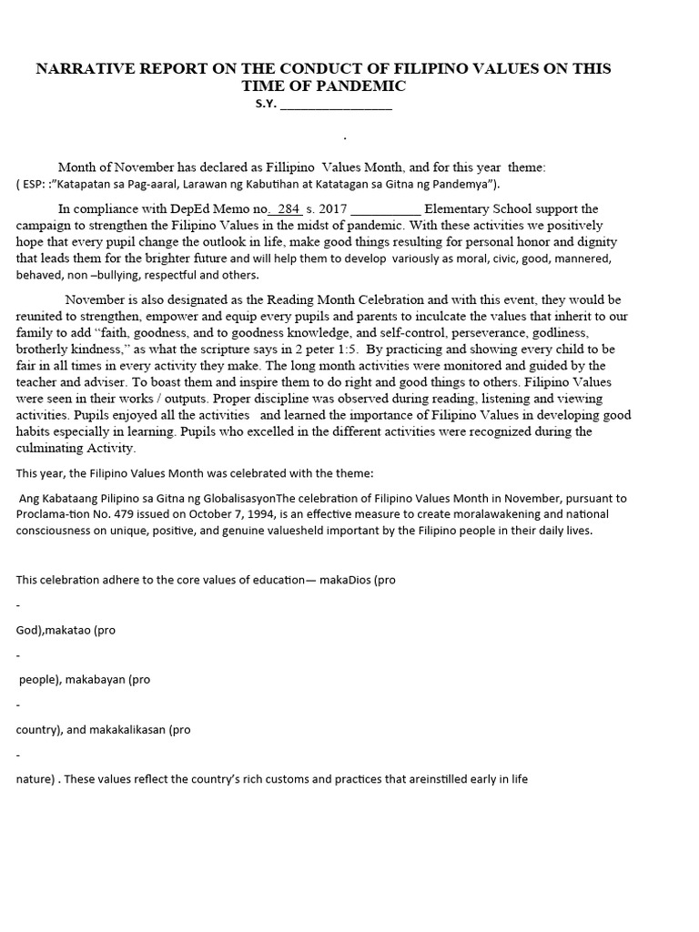 EsP-NARRATIVE REPORT ON THE CONDUCT OF FILIPINO VALUES | PDF