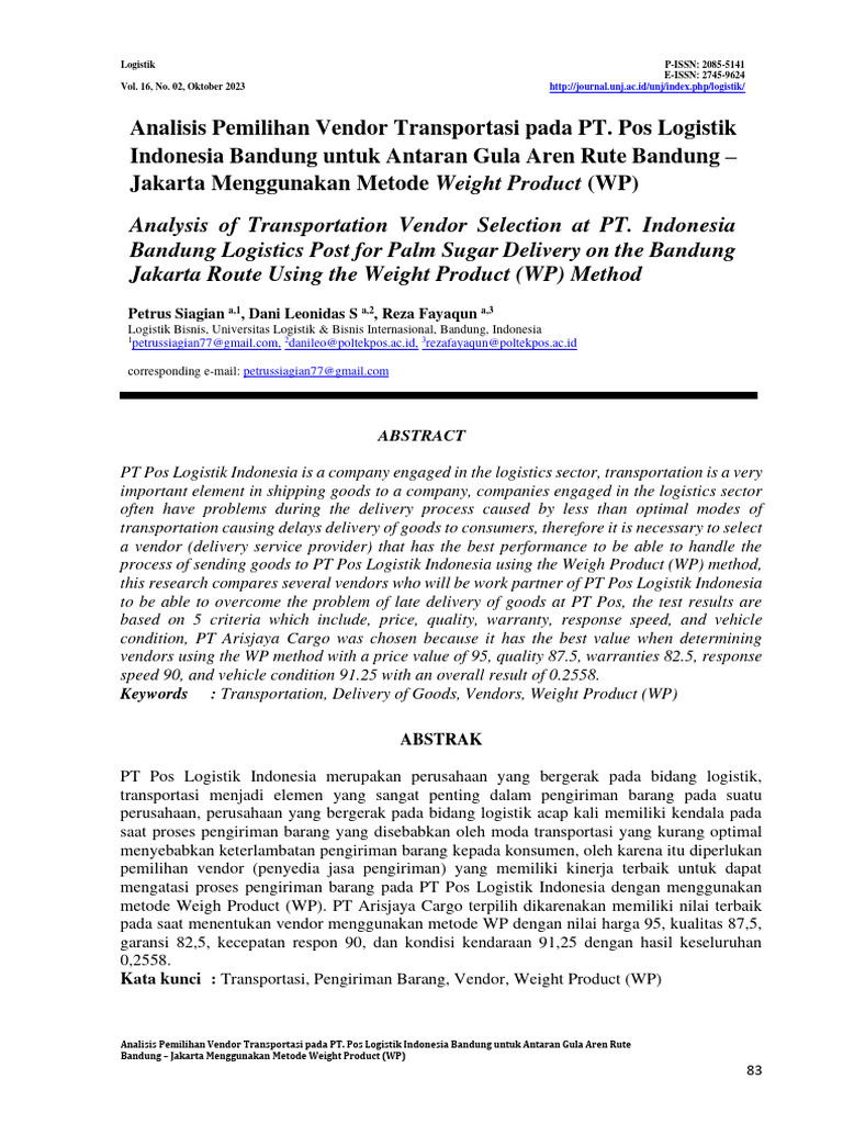 Analisis Pemilihan Vendor Trucking Dengan Metode Weitgh Product | PDF | Logistics | Marketing
