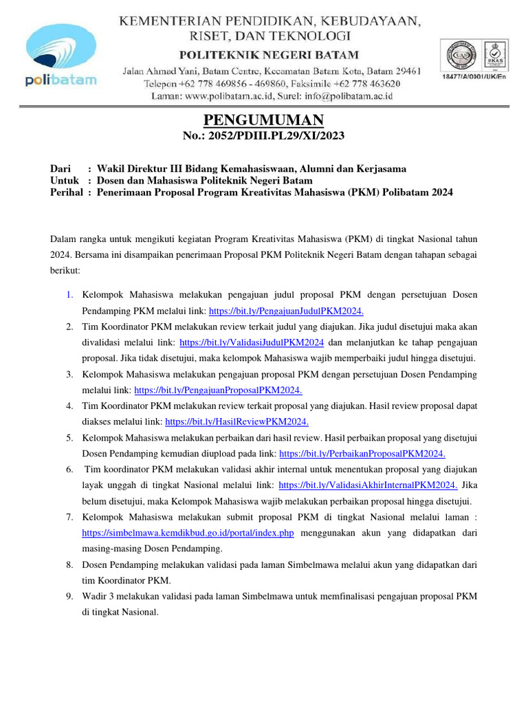 Pengumuman PKM Polibatam 2024 Fix | PDF