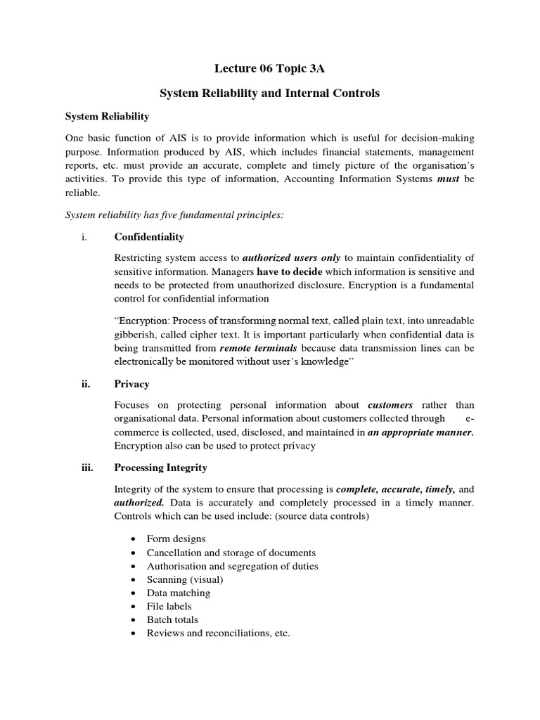 Lecture 06 Topic 3A System Reliability and Internal Controls [Complete ... Lecture 06 Topic 3A System Reliability and Internal Controls [Complete ...
