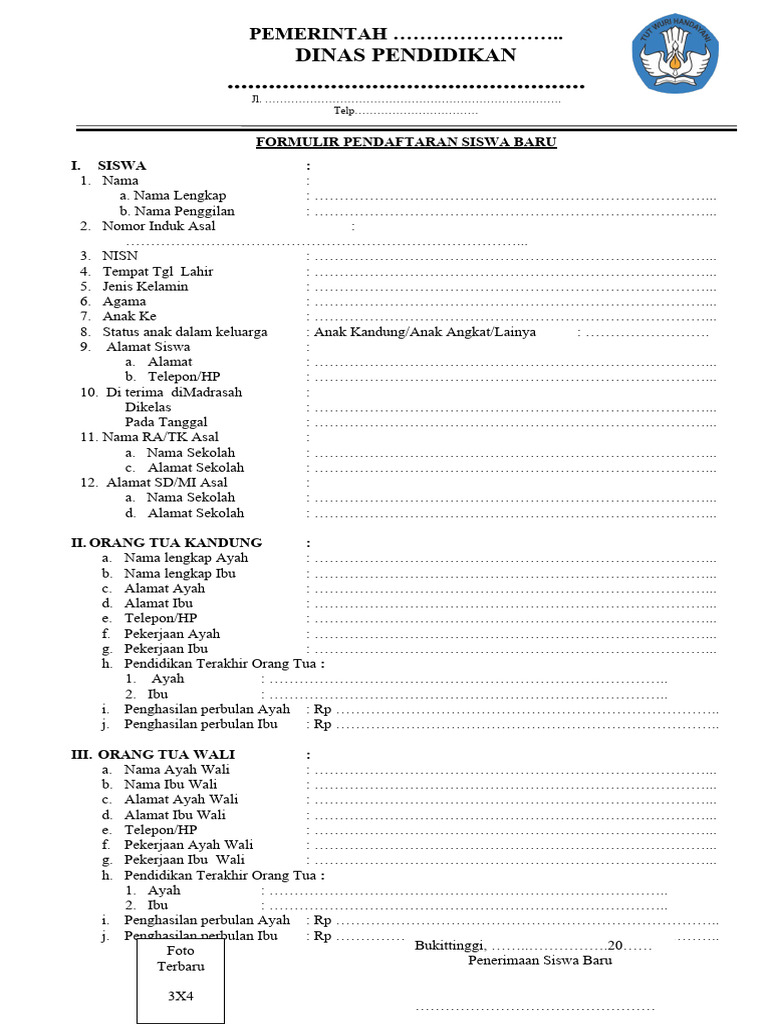 Contoh Formulir Pendaftaran Sekolah | PDF