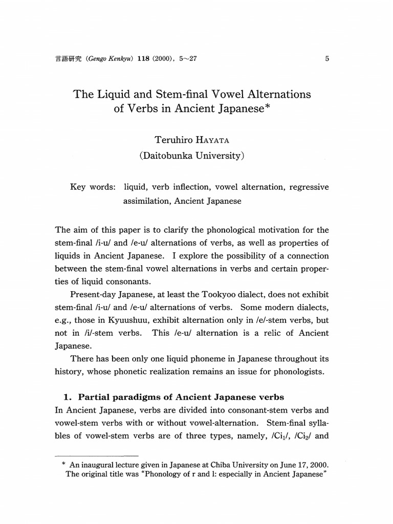 The Liquid and Stem-Final Vowel Alternations of Verbs in Ancient Japanese (2000) | PDF ...