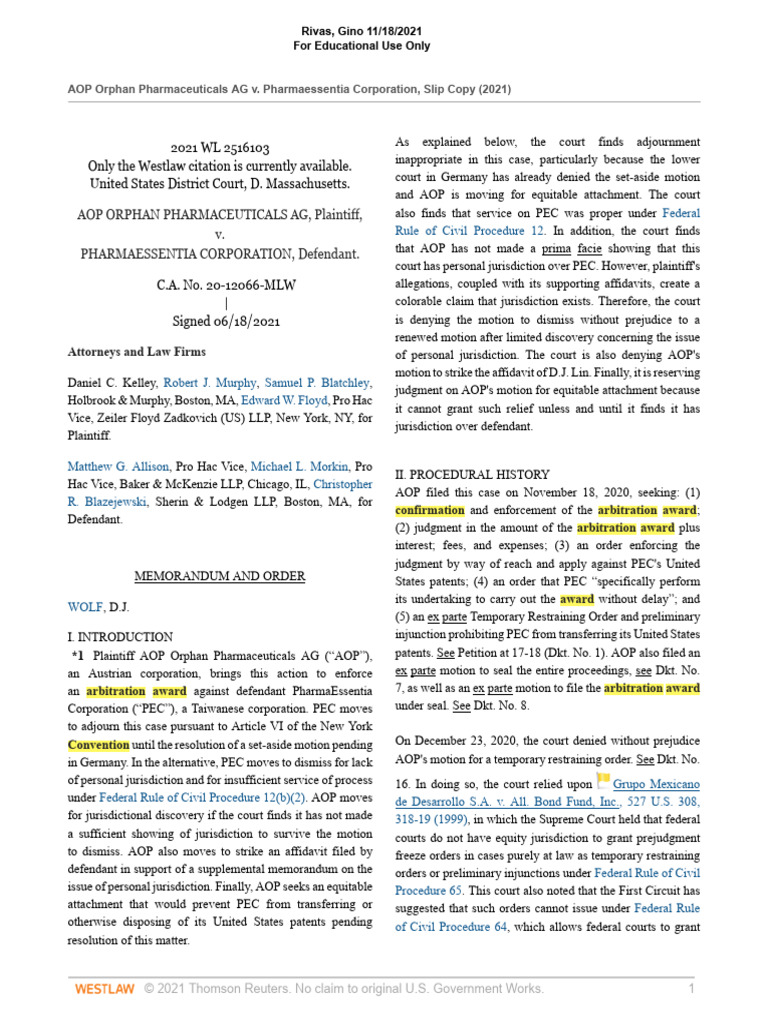 AOP Orphan Pharmaceuticals AG V Pharmaessentia Corporation (Motion To Adjourn) | PDF | Burden Of ...