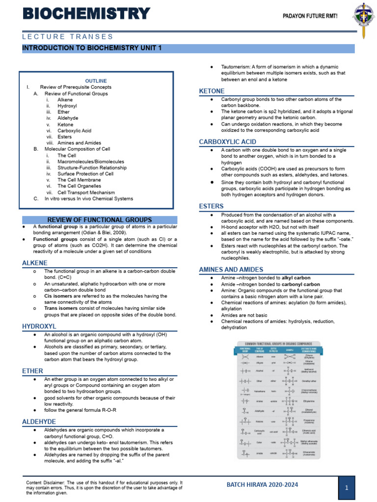 Biochem Lec Trans - Module 1 Unit 1 | PDF | Cell Membrane | Osmosis
