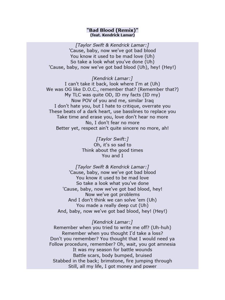 Bad Blood by Taylor Swift Feat Kendrick Lamar | PDF