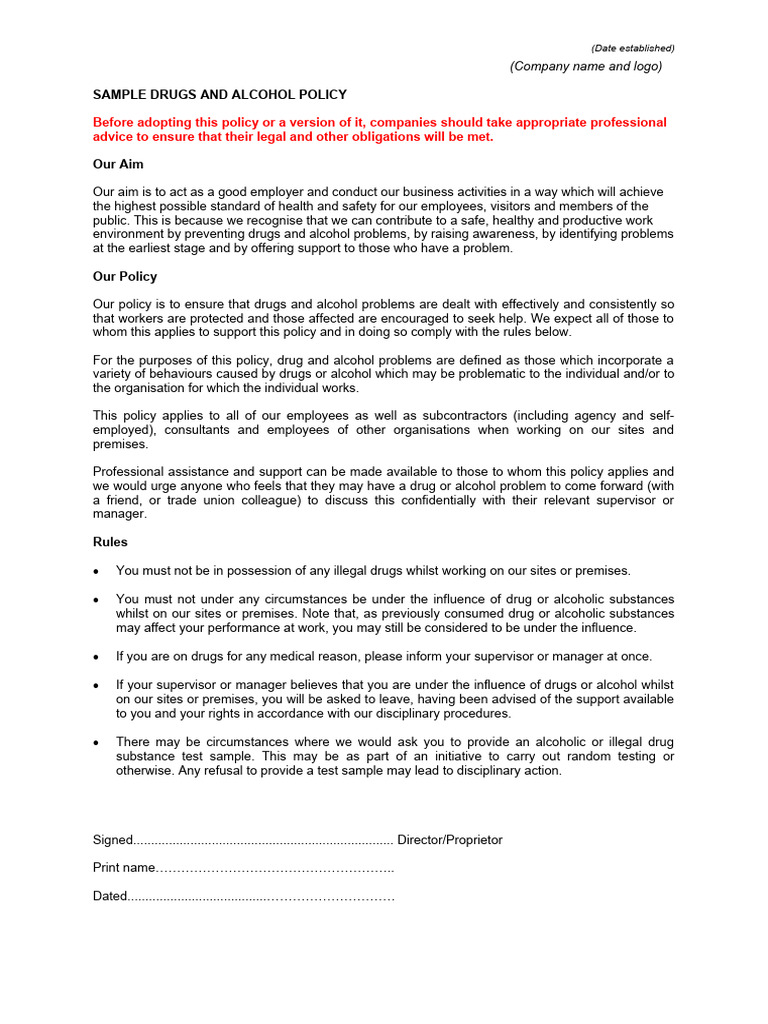 Drug and Alcohol Policy Template | PDF | Employment | Policy