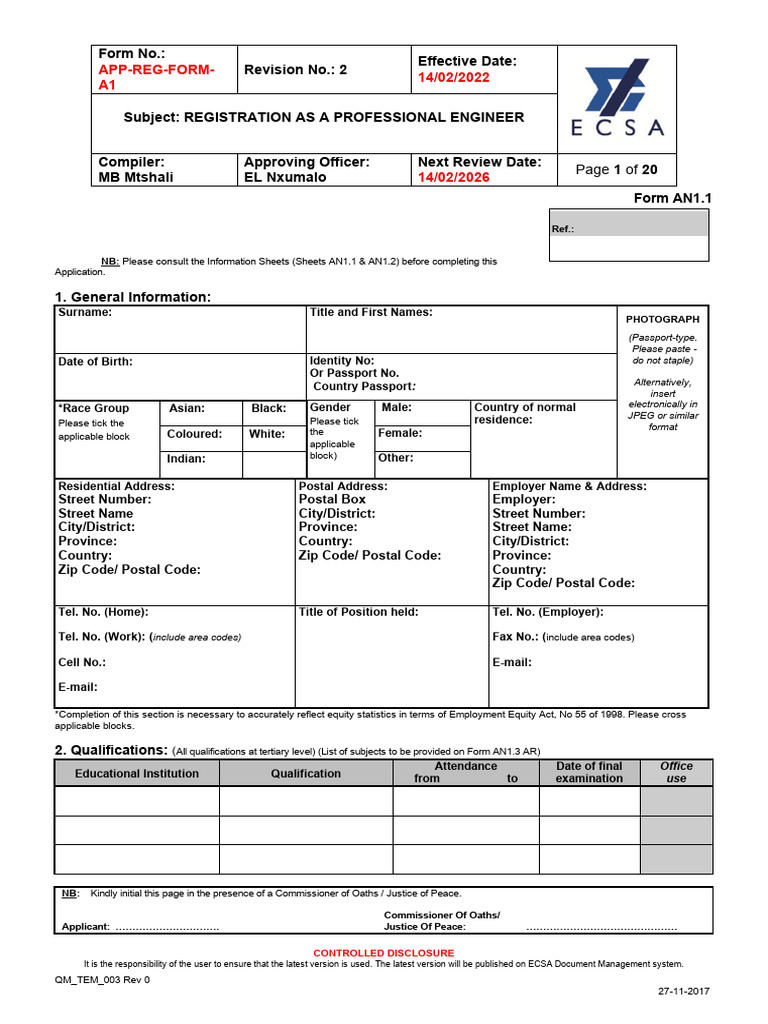 APP-REG-ForM-A1 Registration As A Professional Engineer-Nakedi Matotoka | PDF | Engineering ...