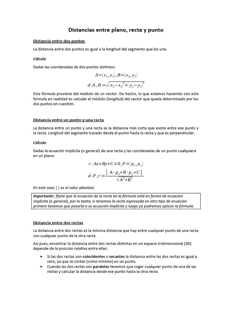 Distancias Entre Punto, Recta y Plano | PDF | Vector Euclidiano | Línea ...