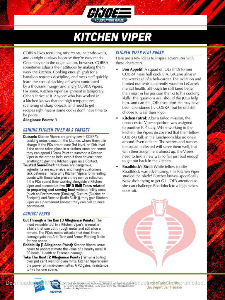 KITCHEN VIPER G I Joe RPG | PDF | Knife | Cooking