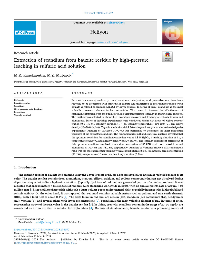 (2023) Extraction of Scandium From Bauxite Residue by High-Pressure ...